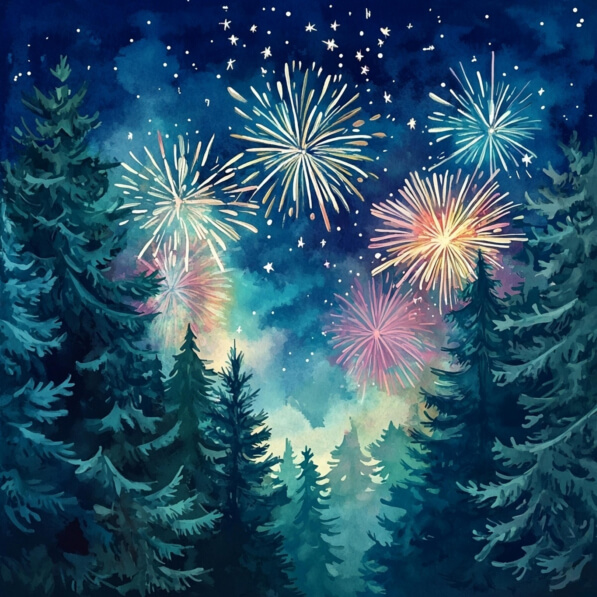 Download Colorful Fireworks in a Night Sky with Evergreen Trees ...