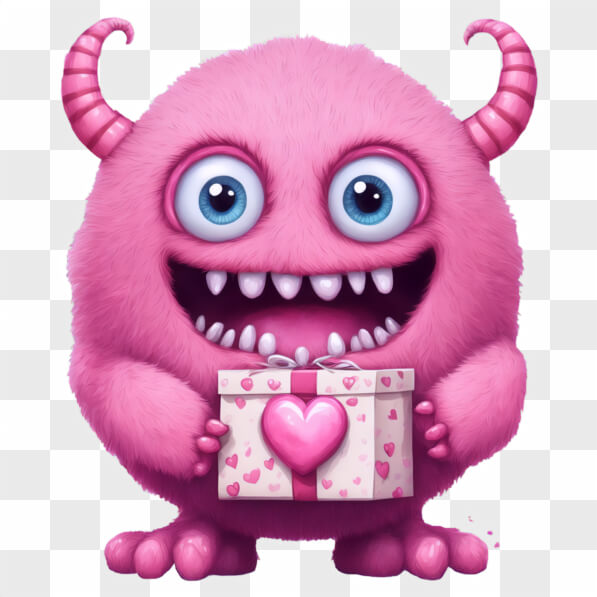 Baixe Monstro Rosa Feliz Segurando um Presente Cartoons - Creative Fabrica