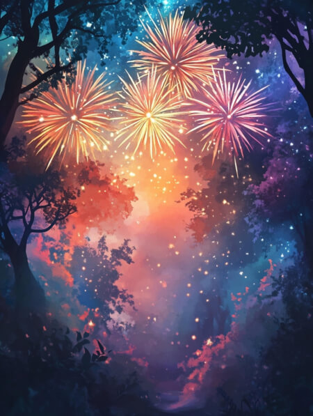 Download Colorful Fireworks Over a Mystical Forest Backgrounds Online ...