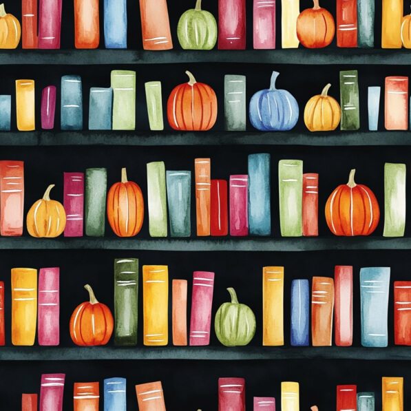 Download Colorful Books and Pumpkins on Shelves Patterns Online ...