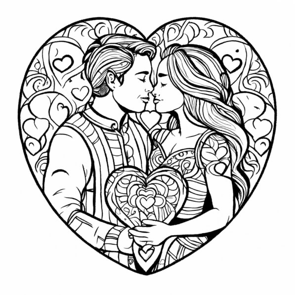 Download Romantic Couple in Heart Illustration Coloring pages Online ...
