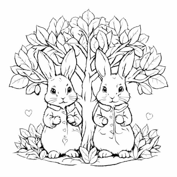 Download Two Cute Rabbits Under a Tree Coloring pages Online - Creative ...