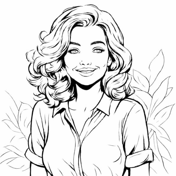 Download Stylized Line Drawing of a Smiling Woman Coloring pages Online ...