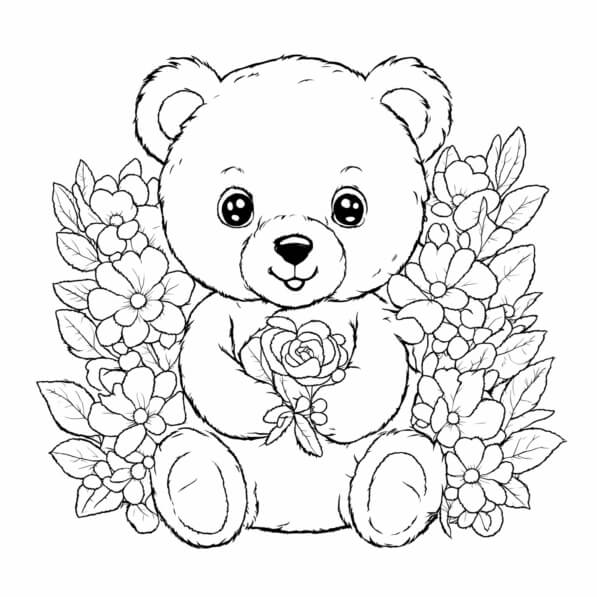 Download Cute Bear with Flowers Coloring Page Coloring pages Online ...