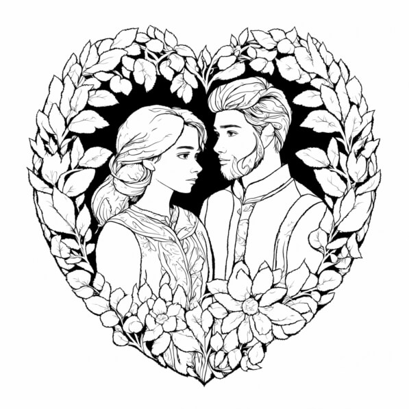 Download Illustration of Romantic Couple in Floral Heart Frame Coloring ...