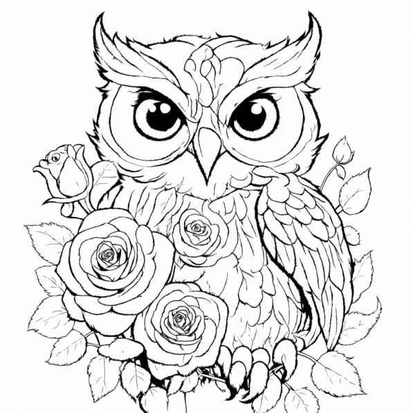 Download Owl Surrounded by Roses Coloring pages Online - Creative Fabrica