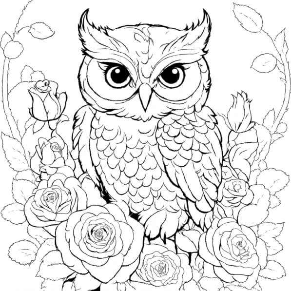 Download Owl Surrounded by Roses Coloring pages Online - Creative Fabrica