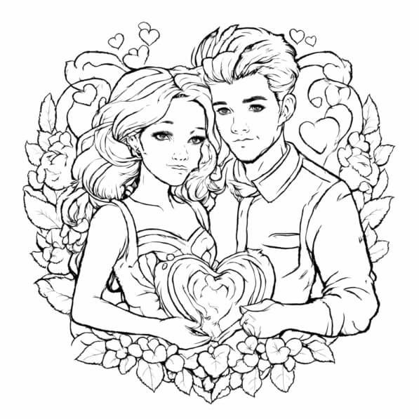 Download Couple Holding Heart in Floral Frame Coloring pages Online ...