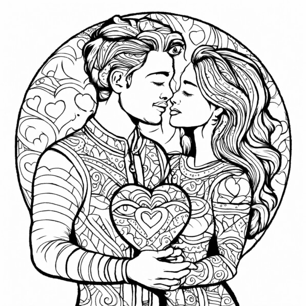 Download Romantic Couple Embracing with Heart Coloring pages Online ...
