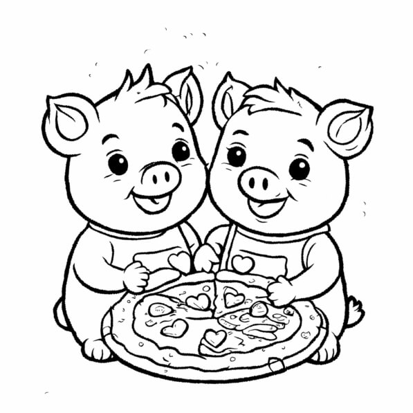 Download Two Cartoon Pigs Sharing a Heart-Shaped Pizza Coloring pages ...