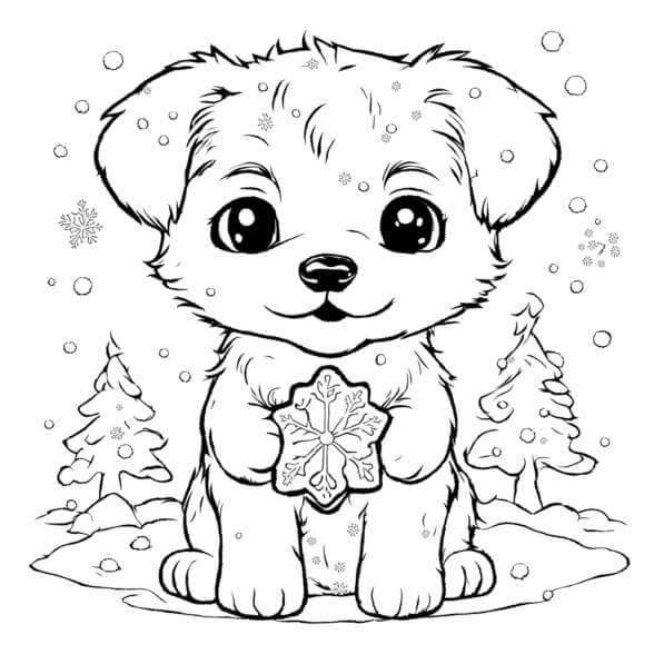Download Cute Puppy in Winter Holding Snowflake Coloring pages Online ...
