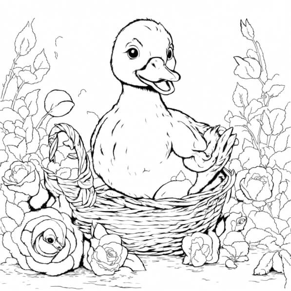 Descarga Pato alegre en una canasta rodeado de rosas Páginas para ...