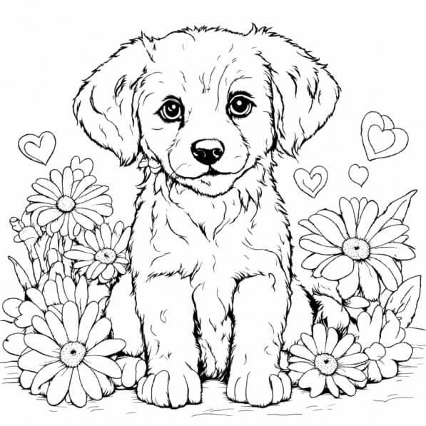 Descarga Perrito lindo rodeado de flores Páginas para colorear En Línea ...
