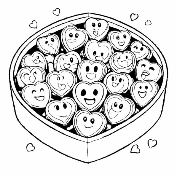 Download Heart-shaped Box of Chocolates with Smiling Candies Coloring ...