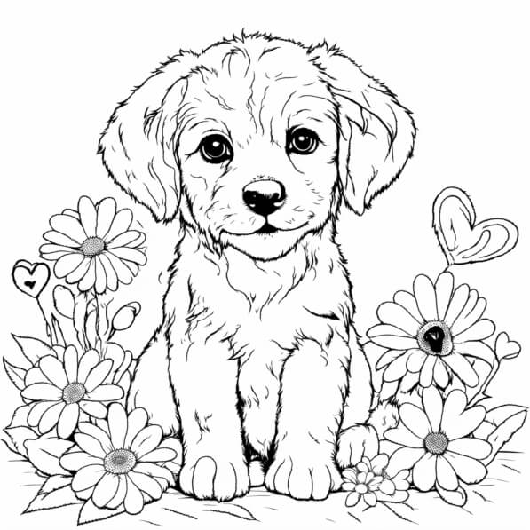 Download Cute Puppy Surrounded by Flowers Coloring pages Online ...