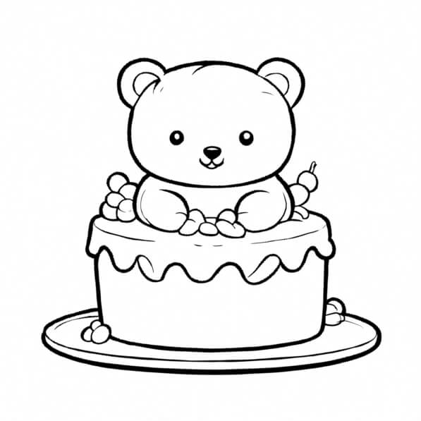 Download Cute Bear on Cake Coloring pages Online - Creative Fabrica