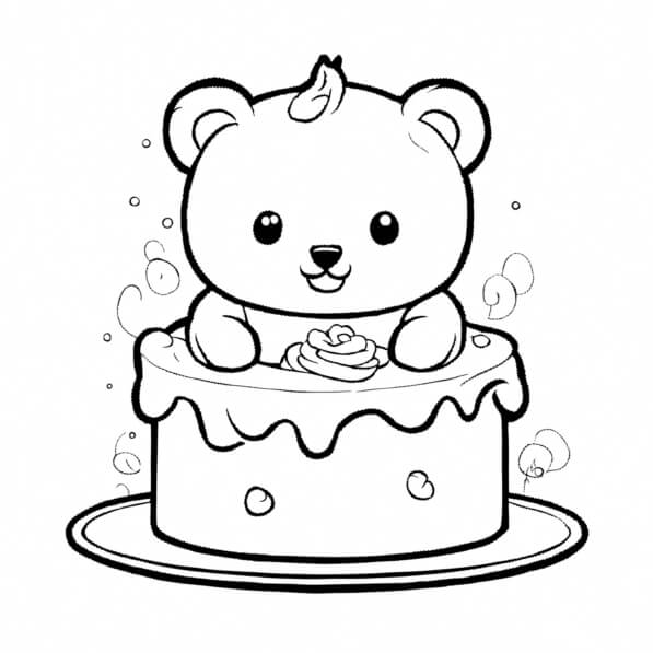 Download Cute Bear in a Cake Coloring pages Online - Creative Fabrica