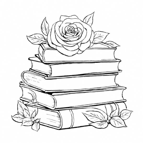 Download Stack of Books with Rose Coloring pages Online - Creative Fabrica