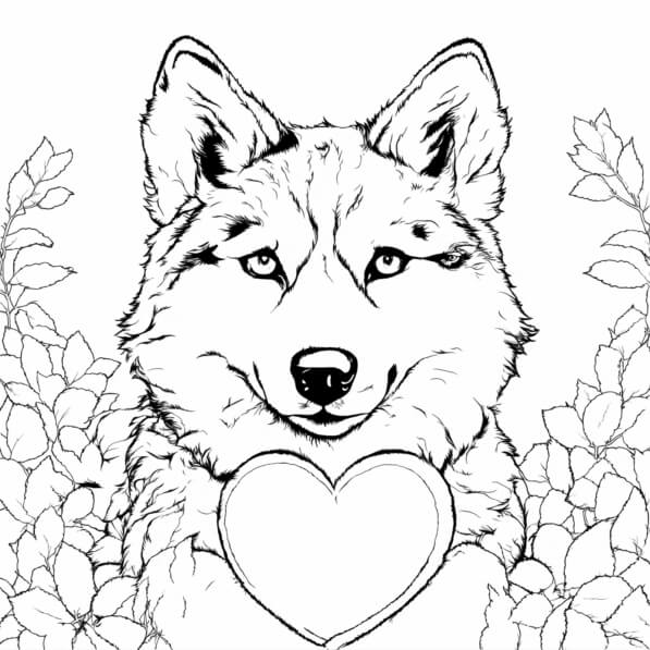 Télécharger Loup avec cœurs et éléments floraux Pages de coloriage En ...