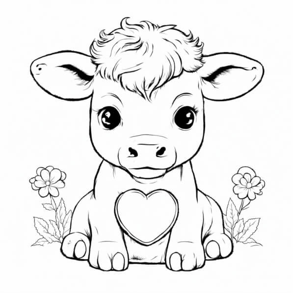 Descarga Tierno ternero de dibujos animados con corazón y flores ...