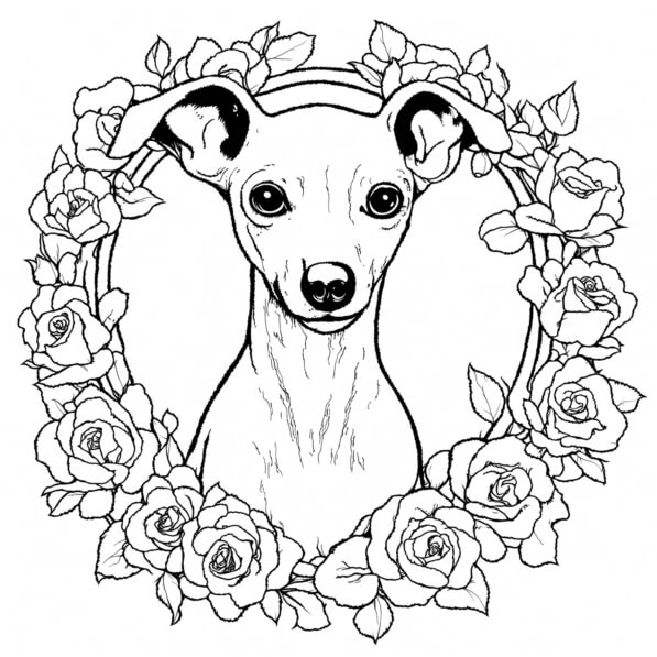 Download Line Drawing of an Italian Greyhound Surrounded by Roses ...
