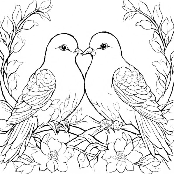 Download Illustration of Two Birds in Love with Floral Accents Coloring ...