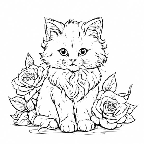 Download Fluffy Cat Surrounded by Roses Coloring pages Online ...