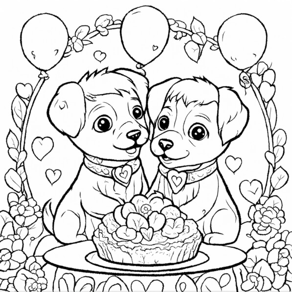 Download Two Puppies Celebrating with a Cake Coloring pages Online ...