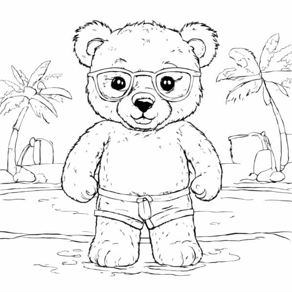 Download Cartoon Bear on the Beach Coloring pages Online - Creative Fabrica