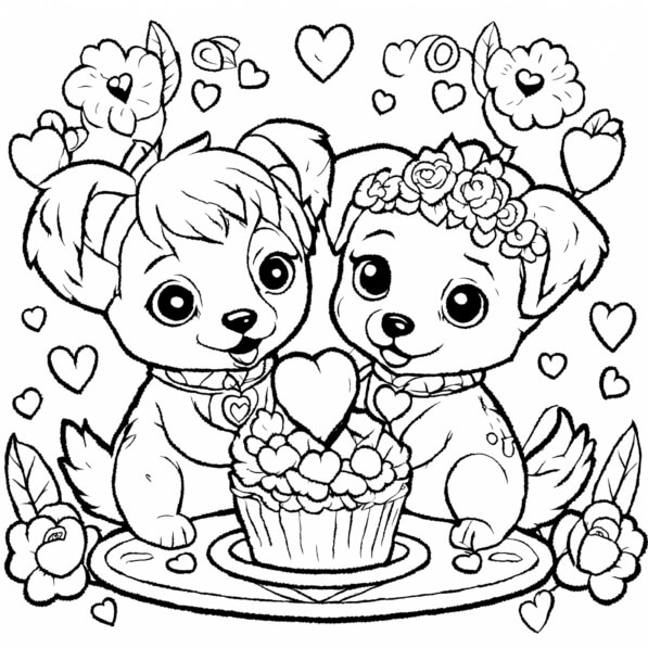 Download Cute Cartoon Puppies Celebrating with a Cupcake Coloring pages ...