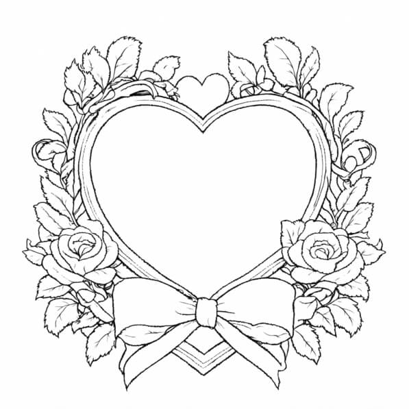 Download Heart-shaped Frame with Roses and Bow Coloring pages Online ...