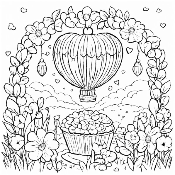Download Whimsical Hot Air Balloon in Floral Surroundings Coloring ...