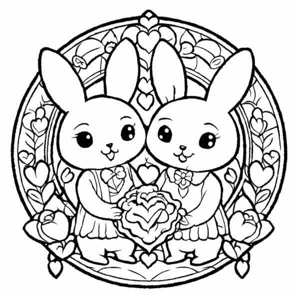 Download Two Cartoon Rabbits Holding a Heart Coloring pages Online ...