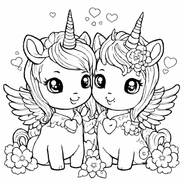 Download Two Cute Unicorns with Wings Coloring pages Online - Creative ...