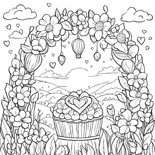 Download Whimsical Floral Illustration with Cupcake Coloring pages ...