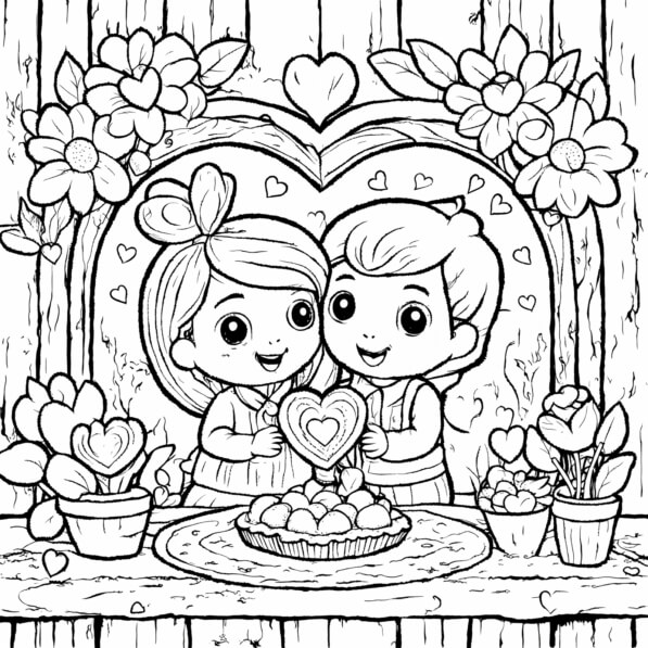 Download Children Celebrating with Heart-shaped Cookie Coloring pages ...