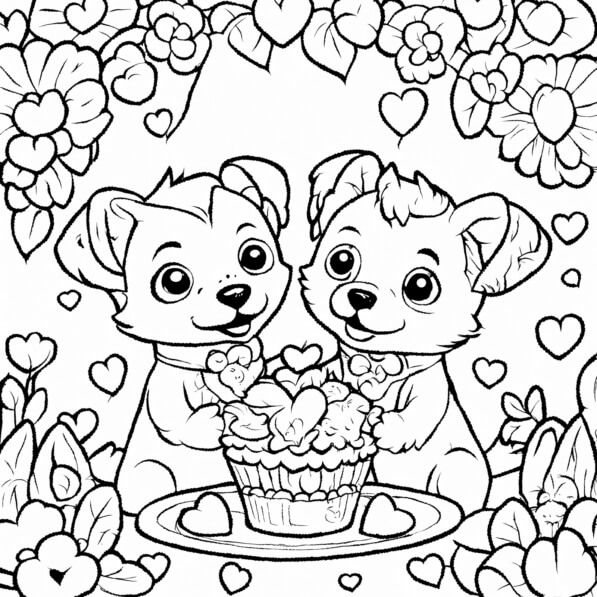 Download Two Cartoon Puppies Sharing a Cupcake Coloring pages Online ...