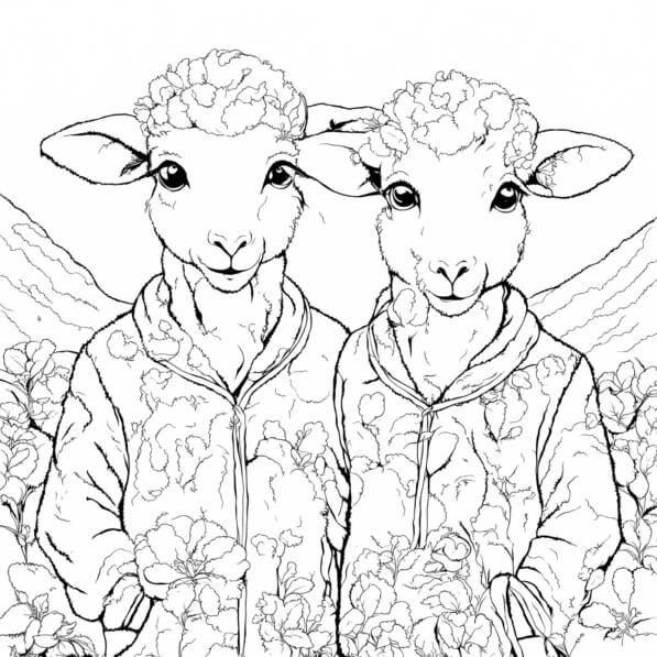 Download Anthropomorphic Sheep in a Floral Landscape Coloring pages ...