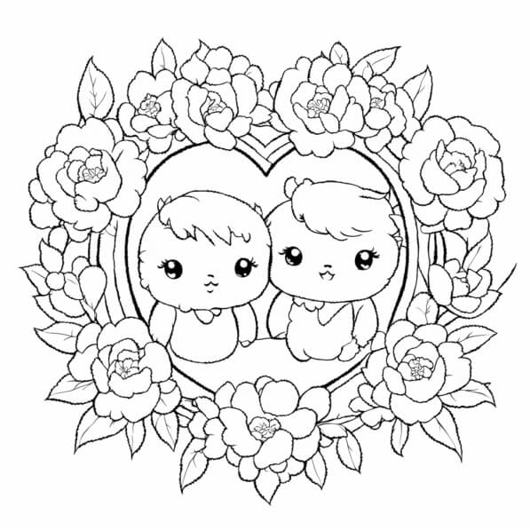 Download Cute cartoon animals in a floral heart Coloring pages Online ...