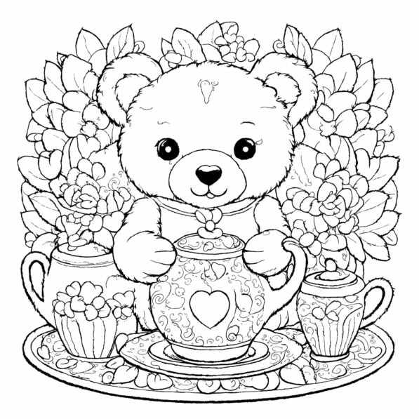 Download Cute Teddy Bear Tea Party Illustration Coloring pages Online ...