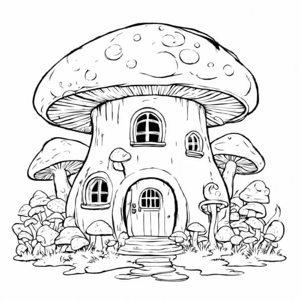 Download Whimsical Mushroom House Coloring pages Online - Creative Fabrica