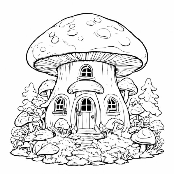 Download Whimsical Mushroom House Coloring pages Online - Creative Fabrica