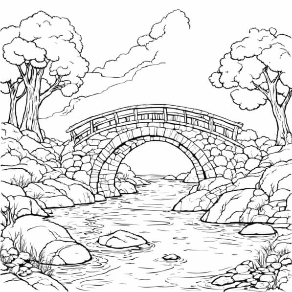 Download Stone Bridge Over Stream in a Natural Landscape Coloring pages ...