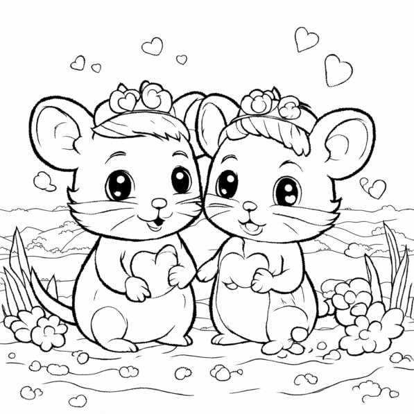Download Cute Cartoon Mice Holding Hearts Coloring pages Online ...