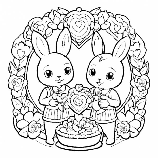 Download Cute Bunnies Holding Hearts Coloring pages Online - Creative ...
