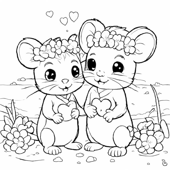 Download Cute Cartoon Mice Holding Hearts Coloring pages Online ...