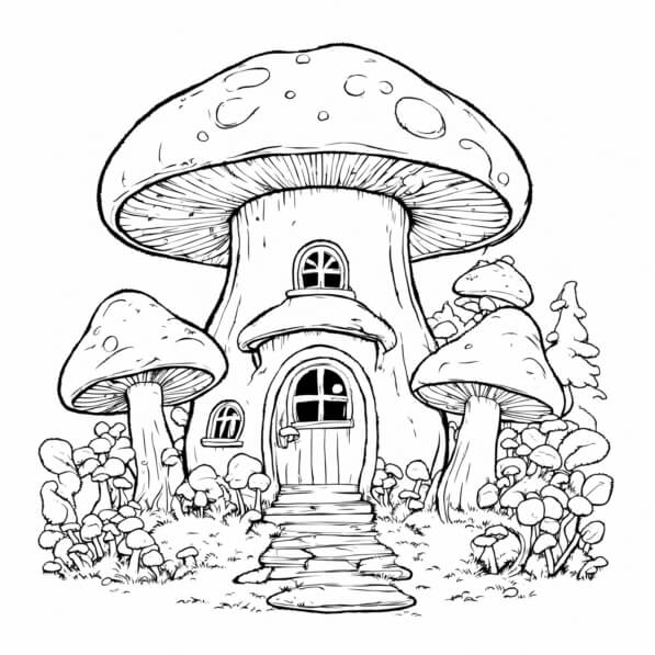 Download Whimsical Mushroom House Coloring pages Online - Creative Fabrica