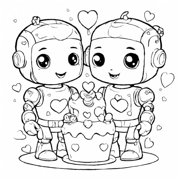 Download Cute Robots Celebrating with a Cake Coloring pages Online ...