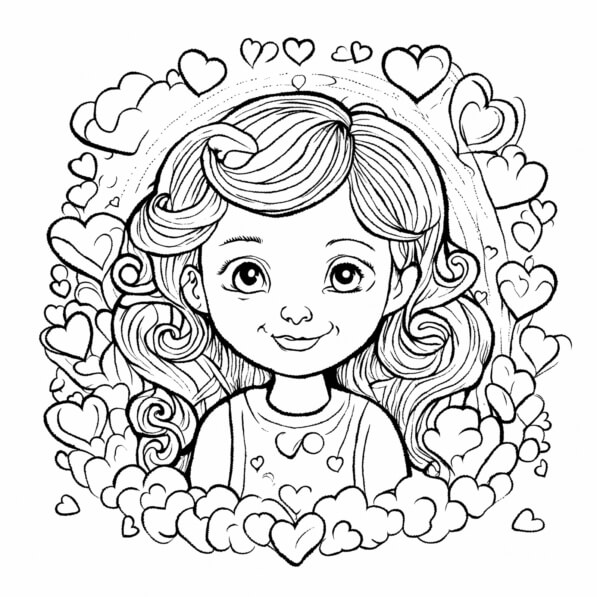 Download Whimsical Girl Surrounded by Hearts and Clouds Coloring pages ...