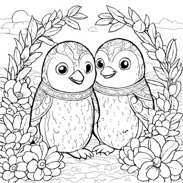 Download Cute Penguins Surrounded by Flowers Coloring pages Online ...